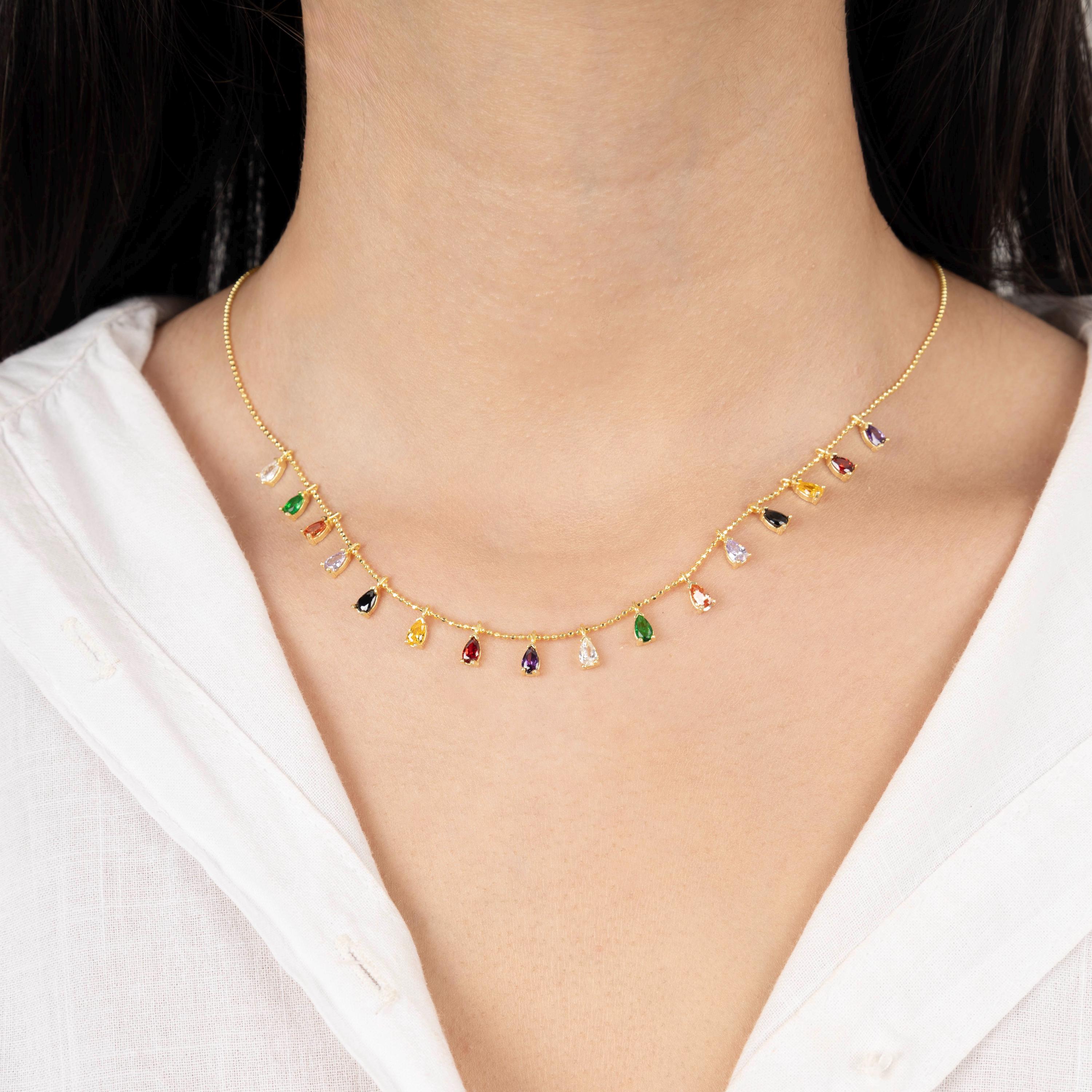 14k Gold Multicolor Station Necklace, Rainbow Station Necklace ...