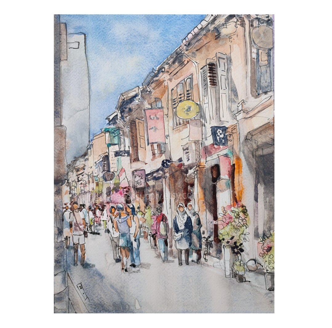 Haji Lane, Street Scene Singapore Painting, Original Ink and Wash, Sg ...