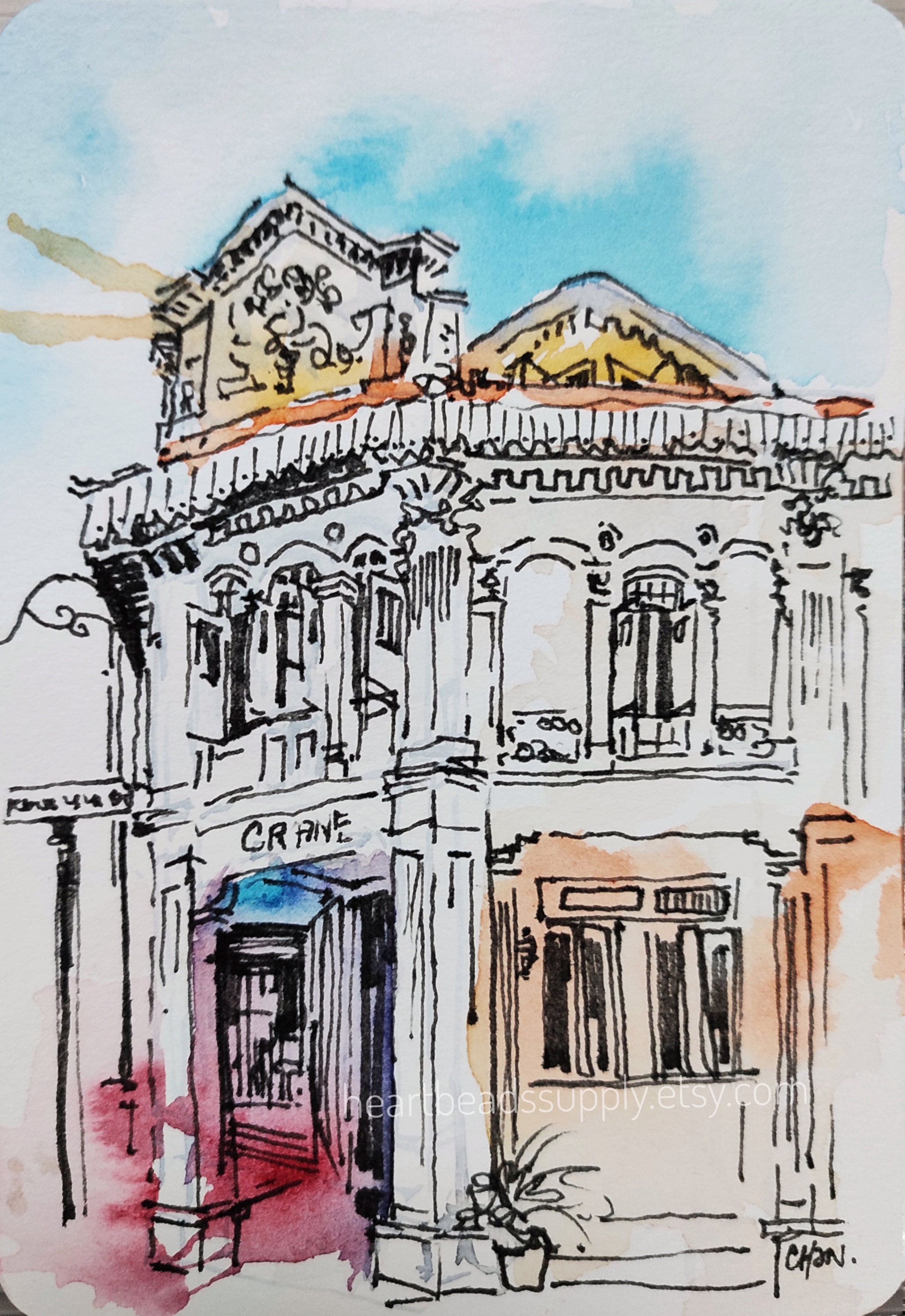 Ink and Wash, Shop House, Peranakan Singapore, Pen Line Postcard ...