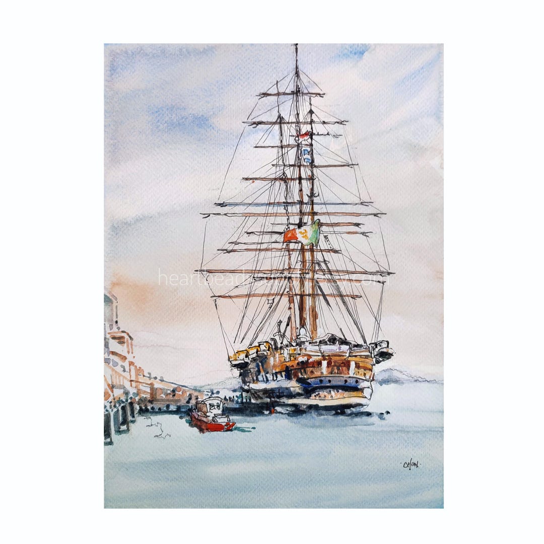 Amerigo Vespucci, A4, Ship, Sail Boat, Singapore, Original Ink and Wash ...