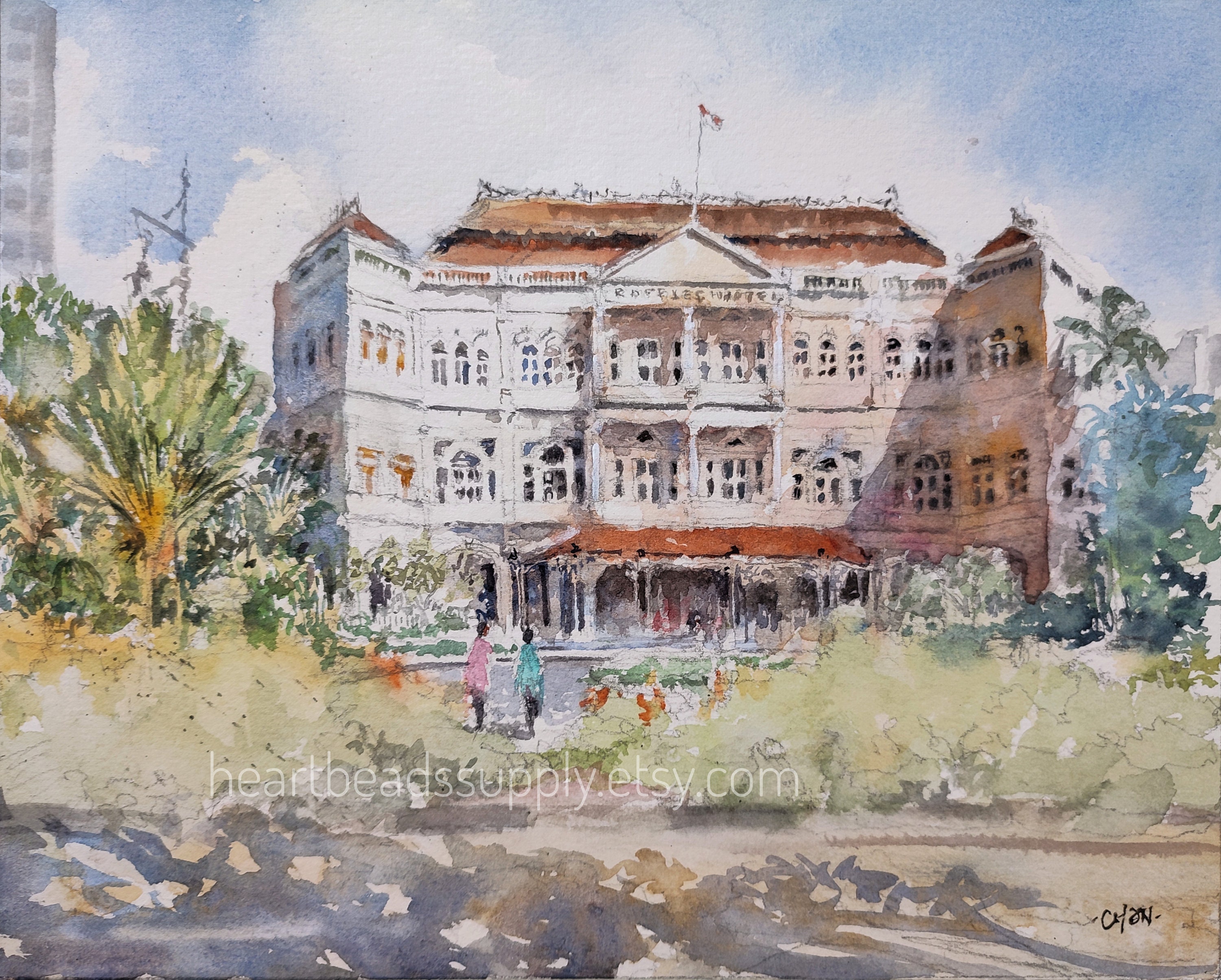 Raffles Hotel, Singapore Original Watercolor Painting, Tropical Palm ...