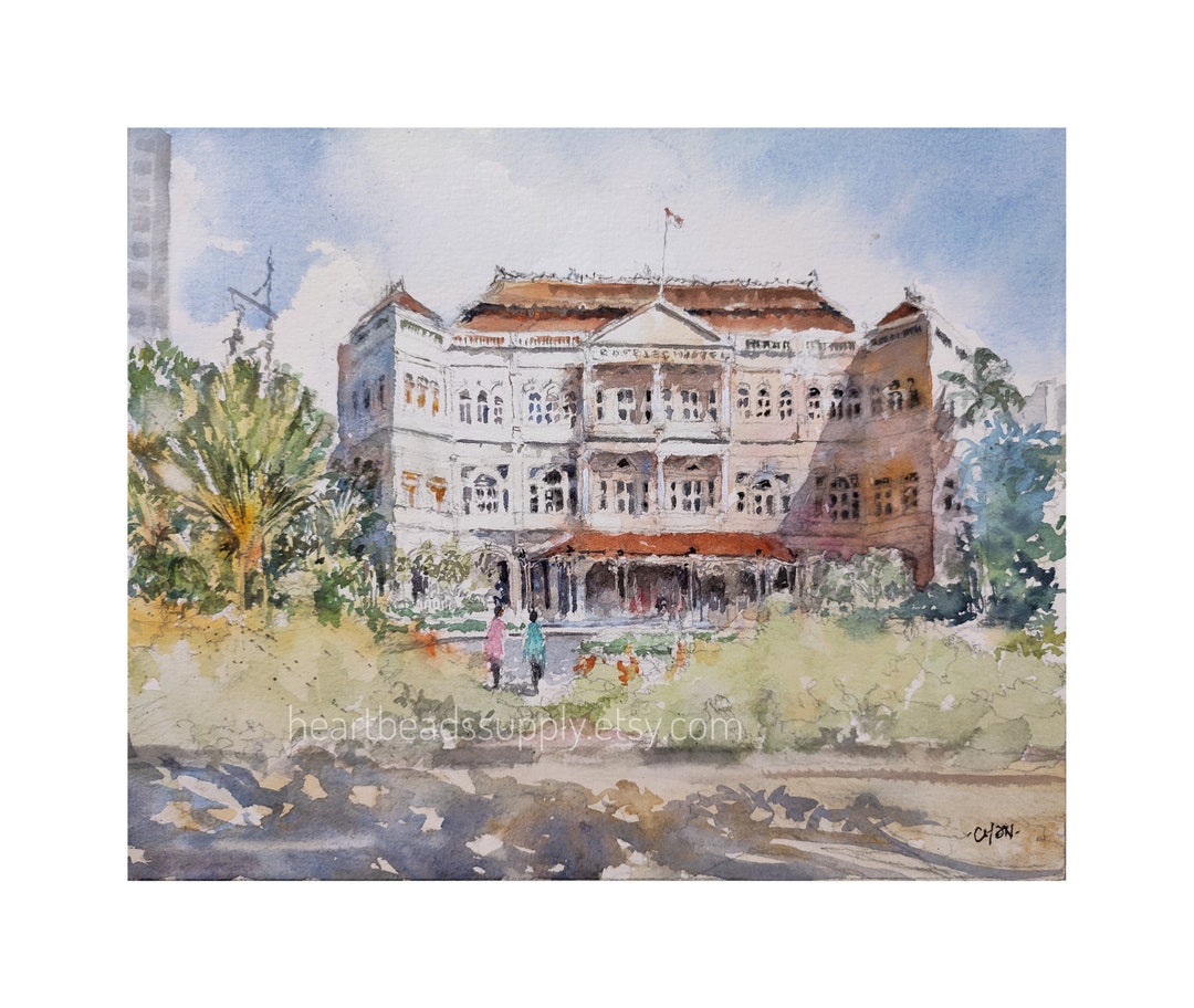 Raffles Hotel, Singapore Original Watercolor Painting, Tropical Palm ...