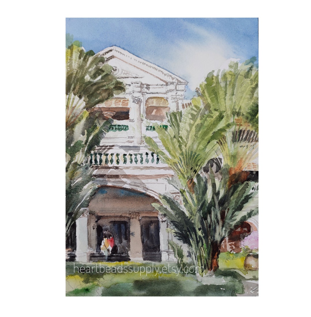 Raffles Hotel, Singapore, Tropical Palm Trees, Original Watercolor ...