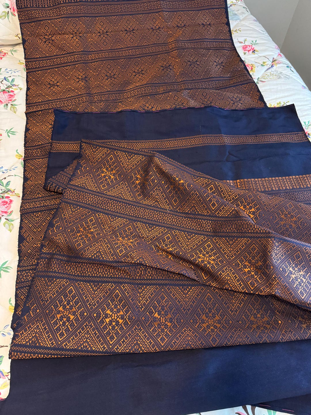 Vintage Traditional Thai Silk Sarong Fabric - Black With Intricate ...