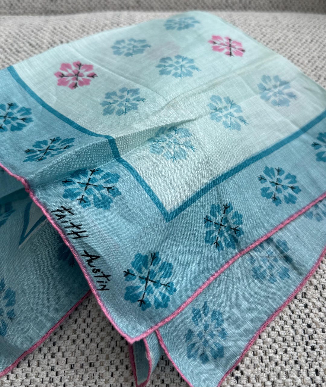 Vintage Handkerchief- Faith Austin Handkerchief - Ice Blue and Pink ...