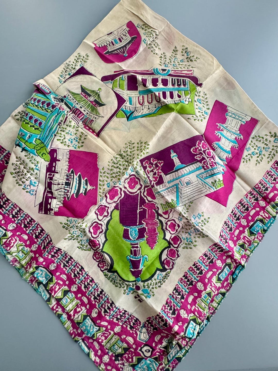 Antique Vintage Scarf - Asian Theme Silk Scarf - 30’s/40’s Scarf - Lime ...