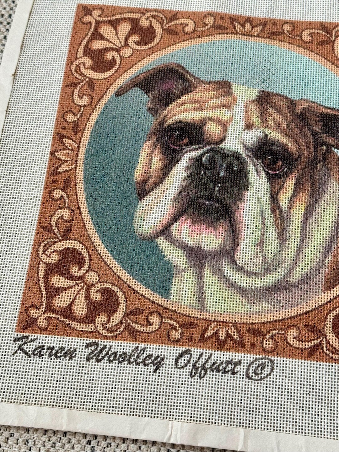 RARE Karen Woolley Offutt - Hand Painted Bulldog Needlepoint Canvas ...