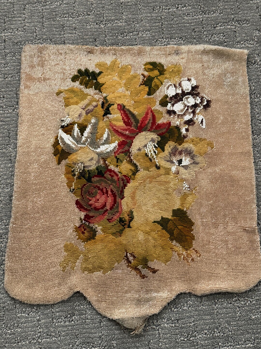 Antique Beadwork Embroidered Needlepoint Panel - Multi-colored Floral ...