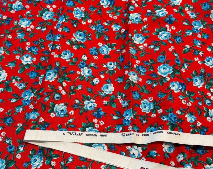 Vintage Fabric - Bright Bold Red Screen Print Fabric - Cranston Prints ...
