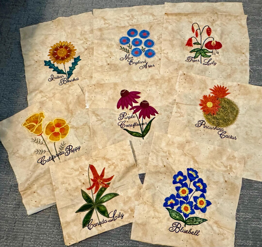 Lovely Set of 8 Floral Quilt Blocks - Machine Embroidered Quilt Squares ...