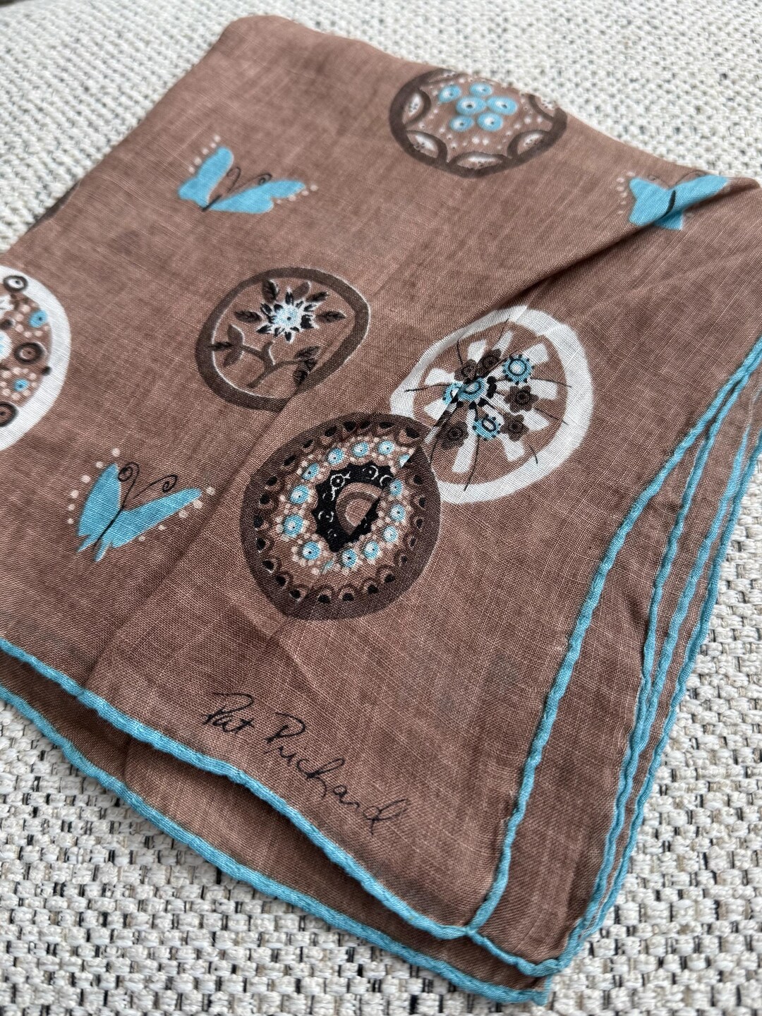 Vintage Handkerchief- Pat Prichard Handkerchief - Brown, Blue and White ...