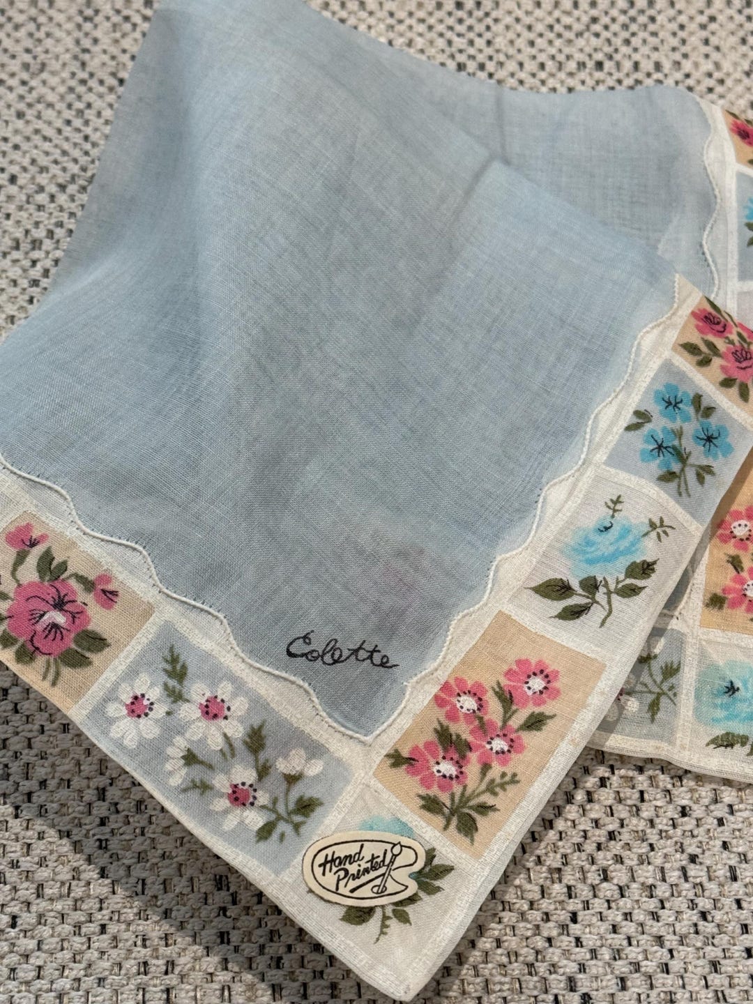 Vintage Handkerchief Hankie - Baby Blue Floral Border Handkerchief ...