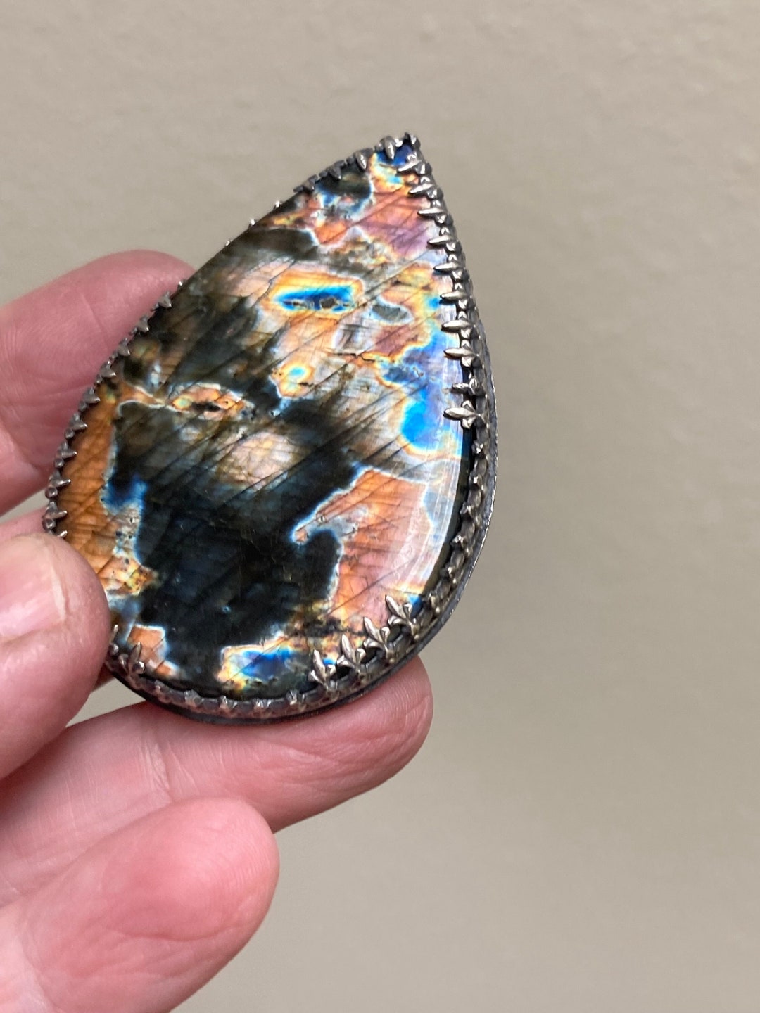 Rainbow Labradorite Water Kanji Large Bold Silver Pendant TCM ...