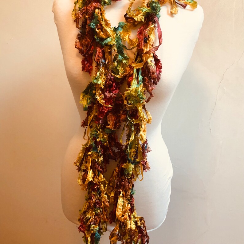 Brown Yellow Green Boa, Art Scarf, Hand Painted Ribbon Scarf, Loopy Scarf, Ribbon Boa, Ribbon ...