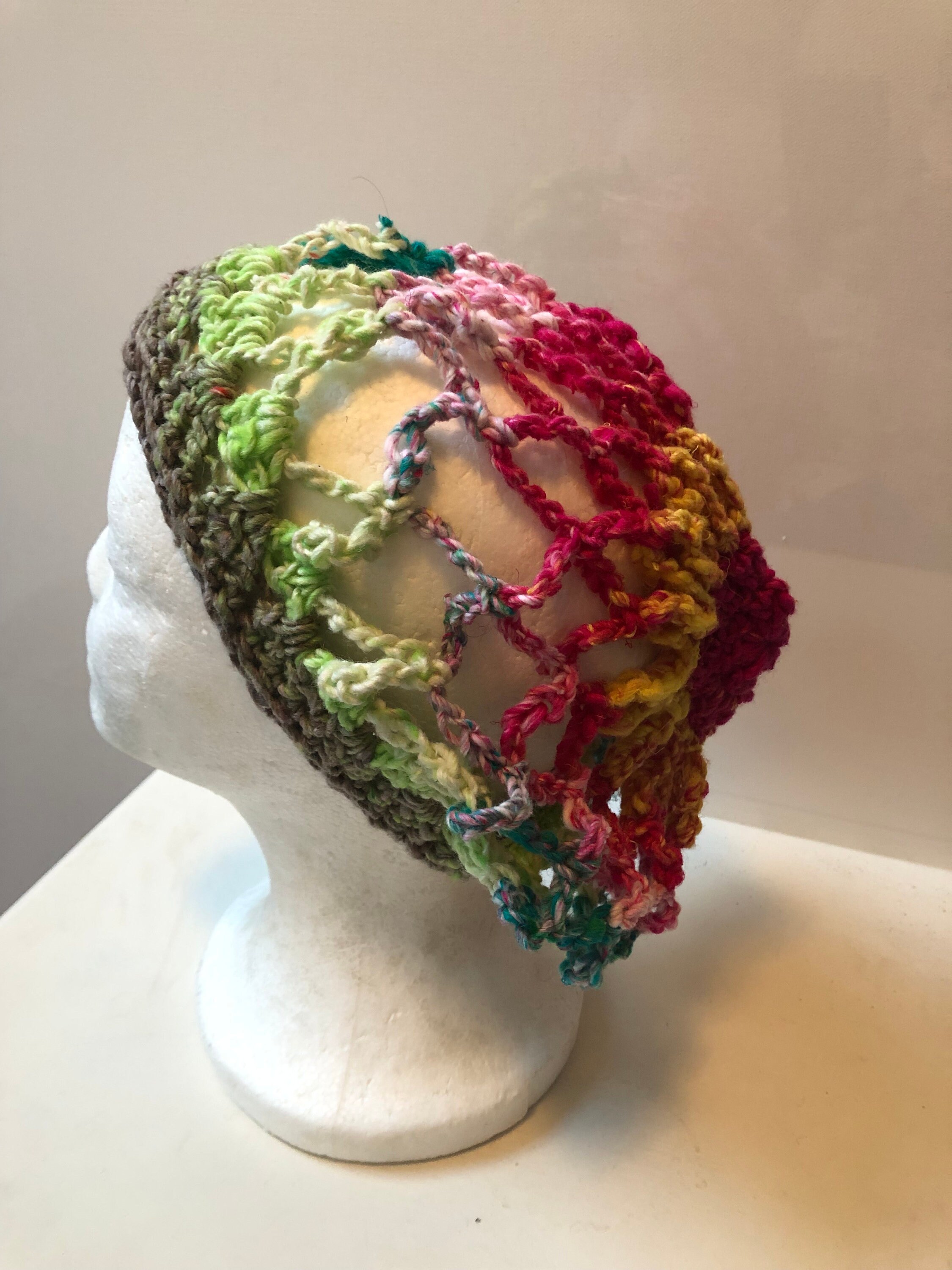 Pink Green Hat, Multi Color Hat, Crochet Hat, Handmade Hat, Freeform ...