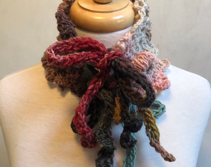 Free Form Crochet Collar, Brown Cream Pink Scarf, Art Scarf, Gift Scarf ...