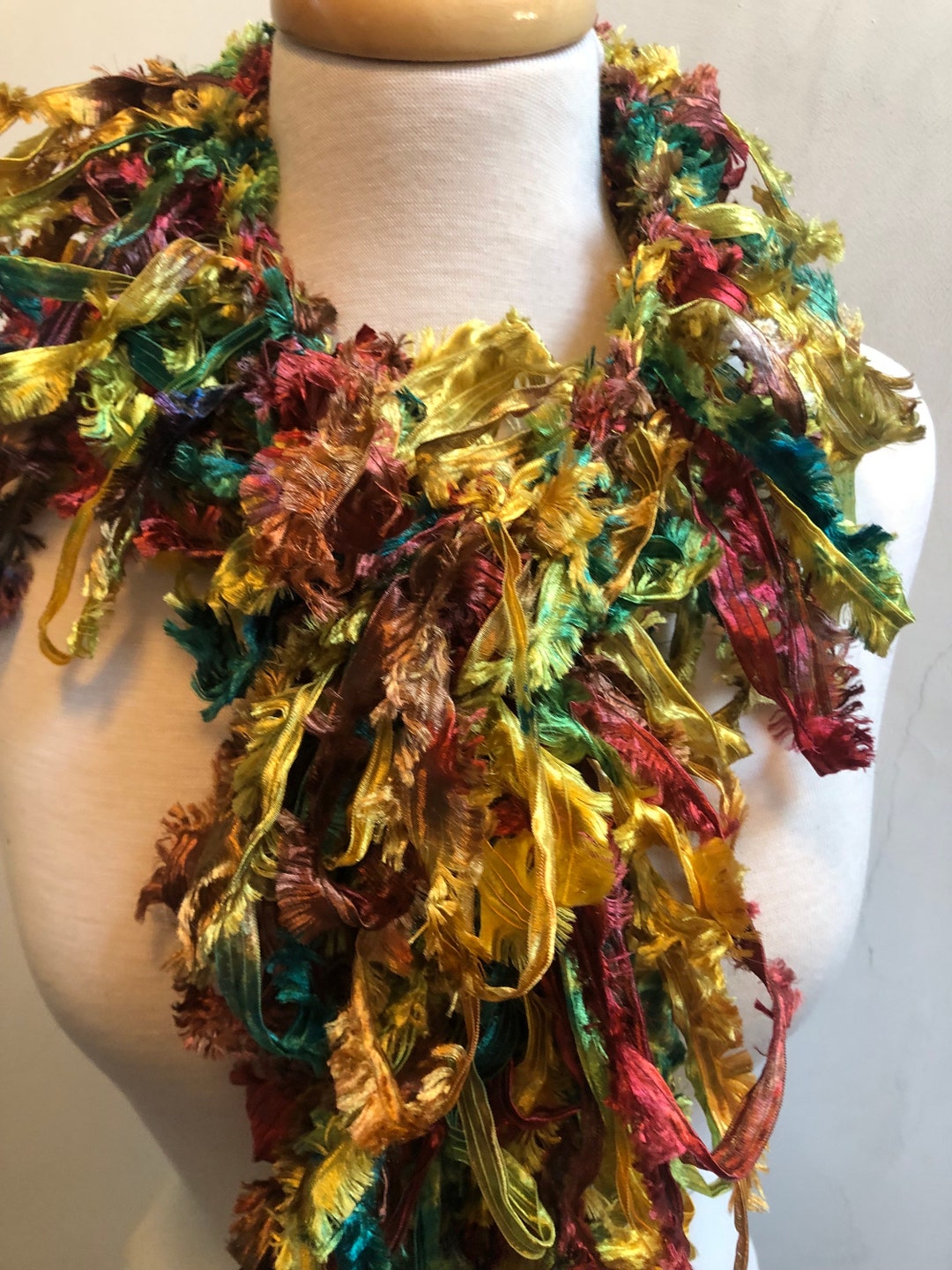Brown Yellow Green Boa, Art Scarf, Hand Painted Ribbon Scarf, Loopy ...