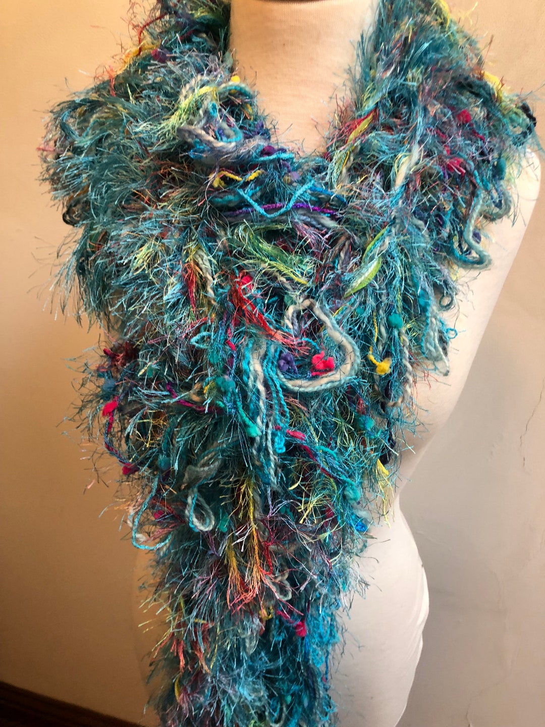 Turquoise Rainbow Boa, Pastel Boa, Crocheted Scarf, Long Boa, Mixed ...