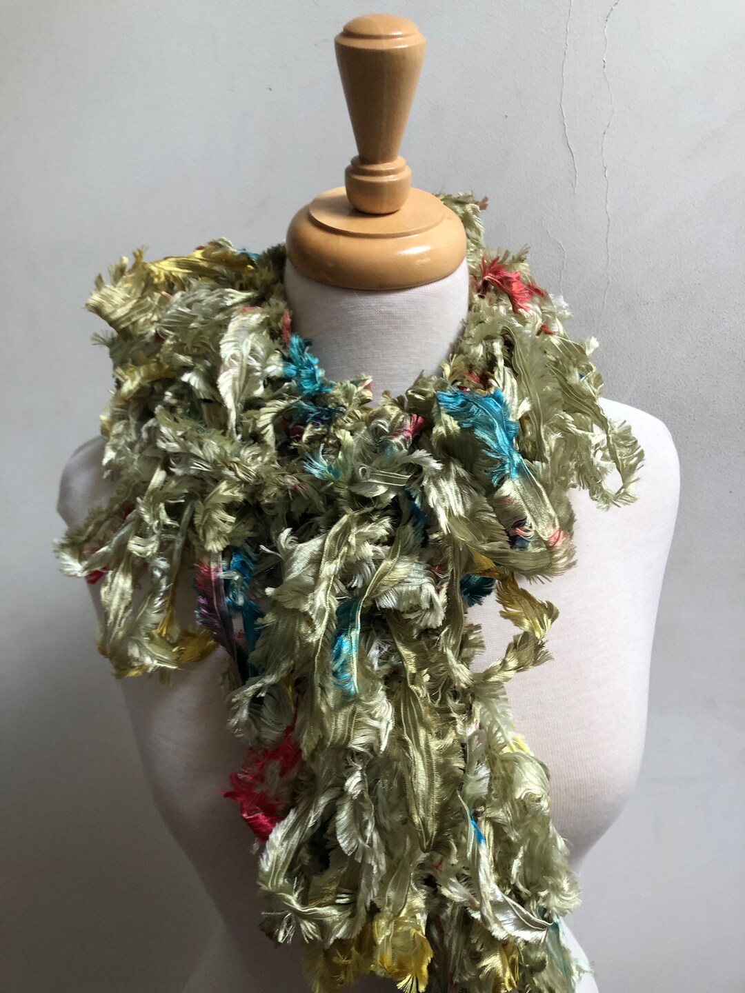 Green Boa, Art Scarf, Hand Painted Ribbon Scarf, Loopy Scarf, Ribbon Boa, Ribbon Scarf, Long ...