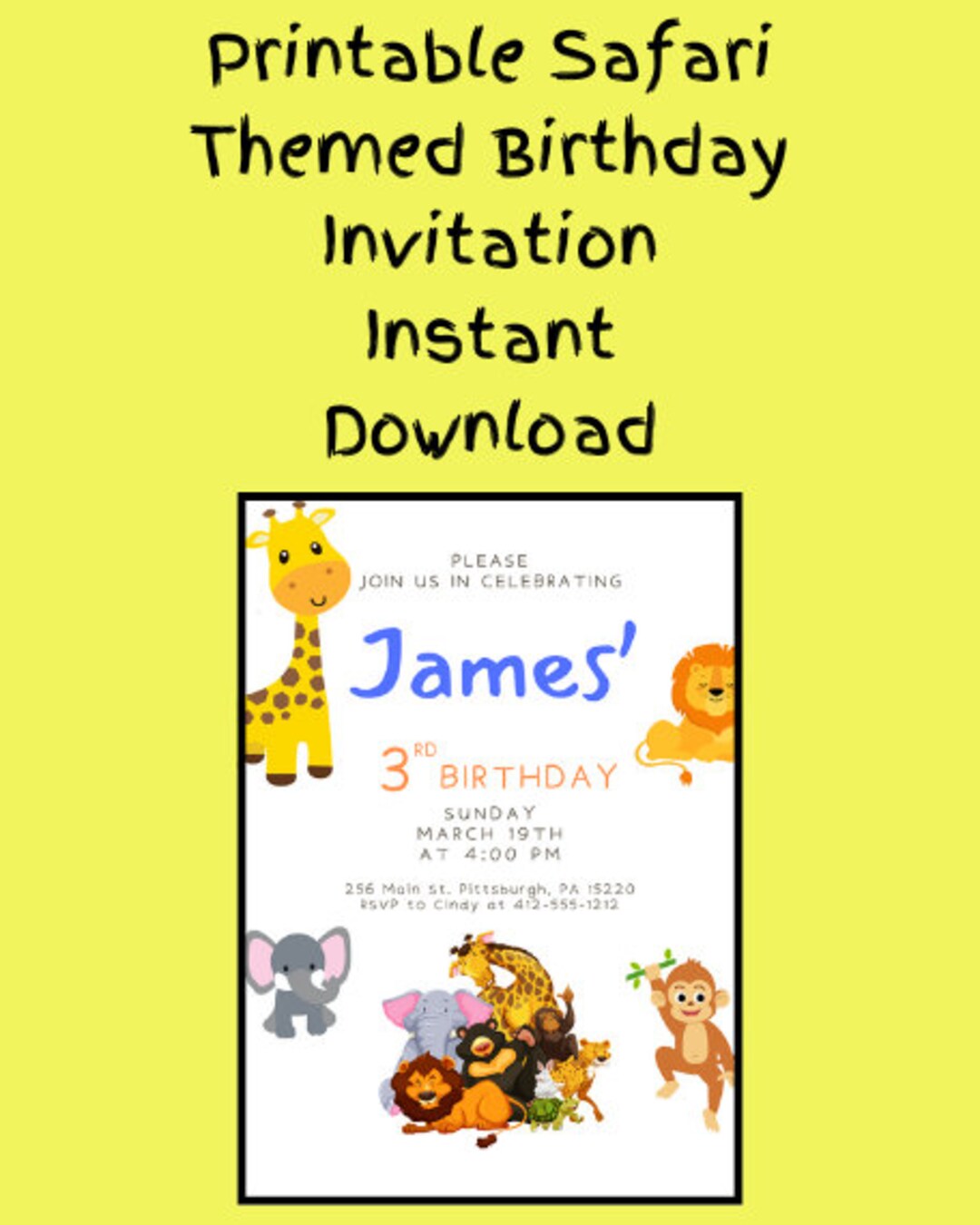 Editable Safari Animal Themed Birthday Party Invitation, Printable ...