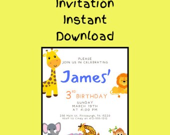 Editable Safari Animal Themed Birthday Party Invitation, Printable ...