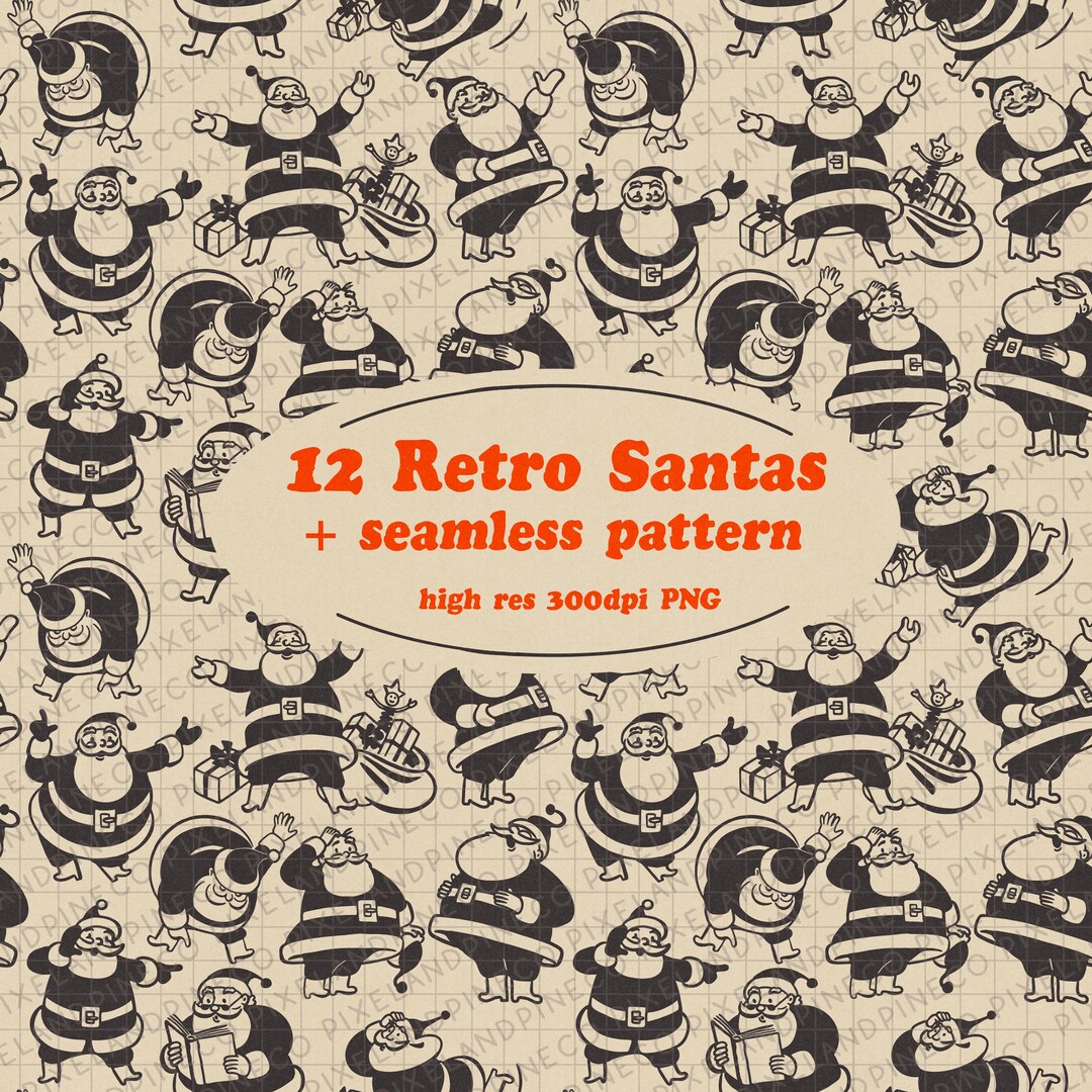 Vintage Santa Graphics Bundle Retro Christmas Clipart 12 Hand-drawn ...