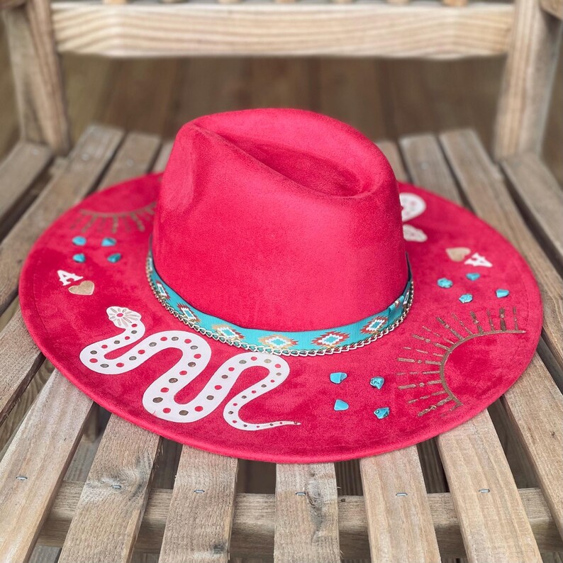 Hand-painted Red Fedora With Snakes, Suns, Ace of Hearts Poker Design ...