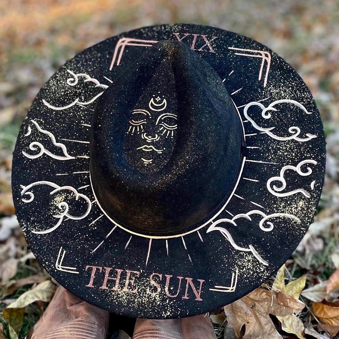 Black Hand-painted Wide-brim Fedora, Gold Sun Tarot Card Design, Witchy ...