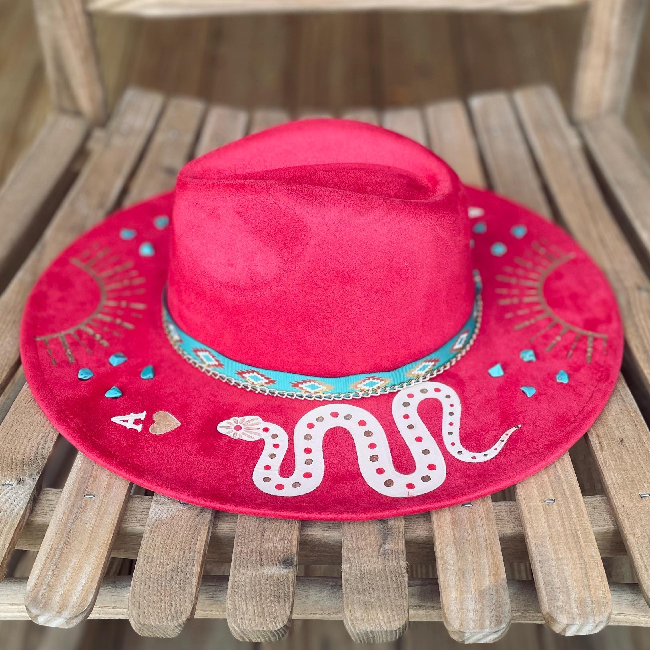 Hand-painted Red Fedora With Snakes, Suns, Ace of Hearts Poker Design ...