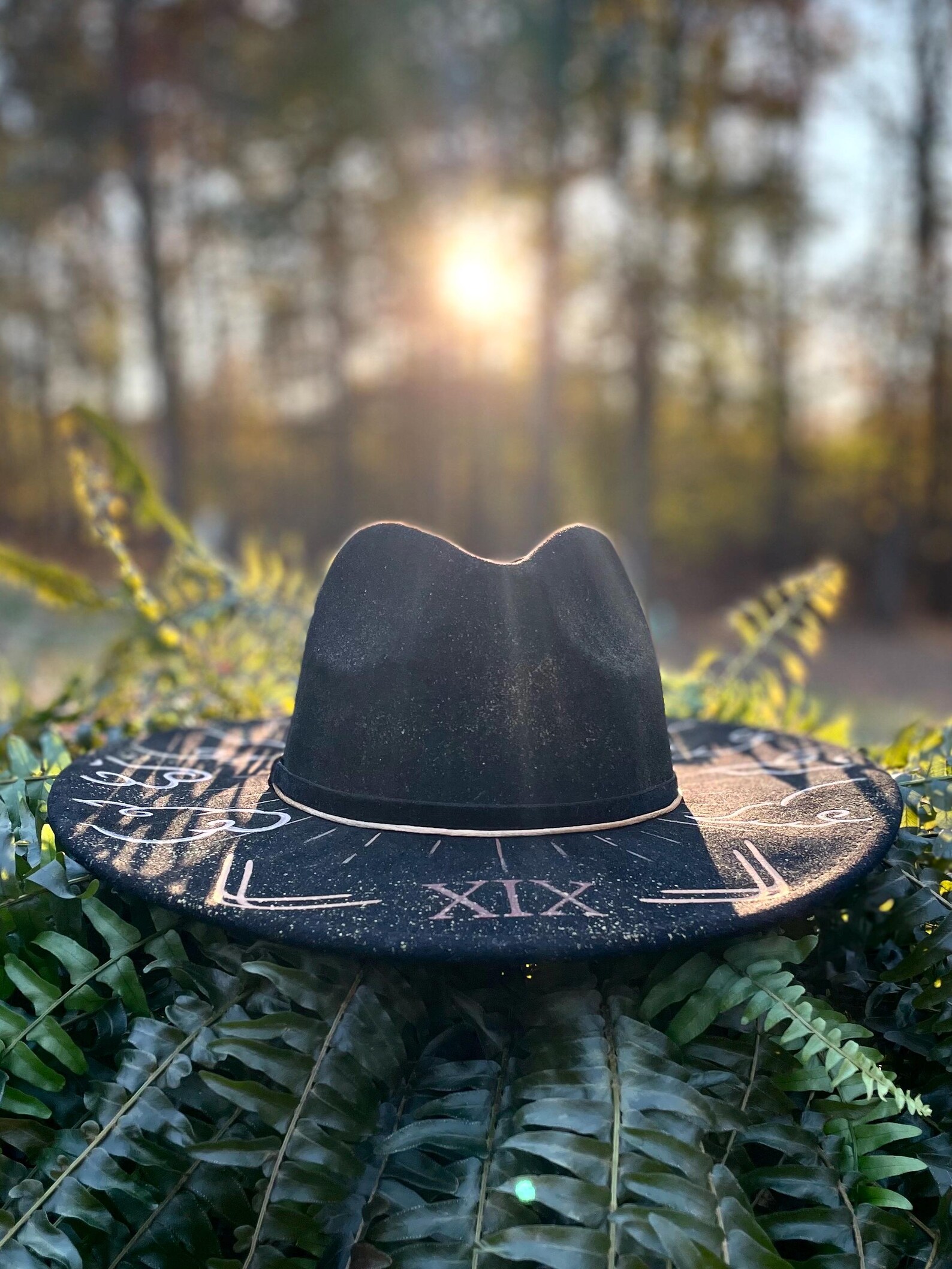 Black Hand-painted Wide-brim Fedora, Gold Sun Tarot Card Design, Witchy ...