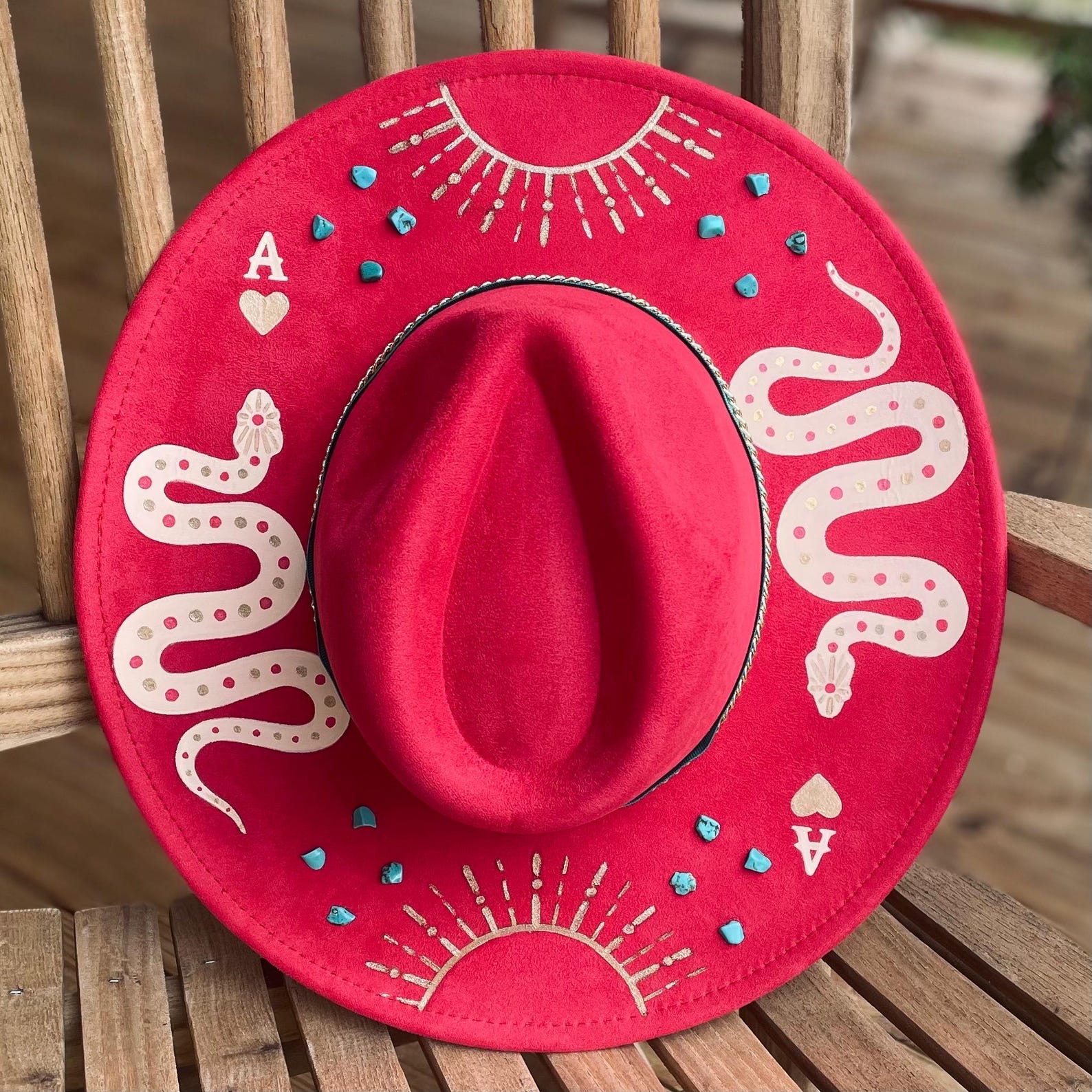 Hand-painted Red Fedora With Snakes, Suns, Ace of Hearts Poker Design ...