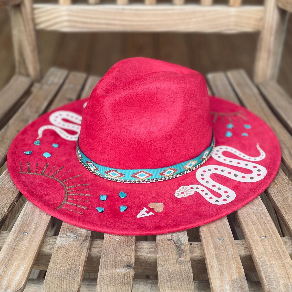 Hand-painted Red Fedora With Snakes, Suns, Ace of Hearts Poker Design ...