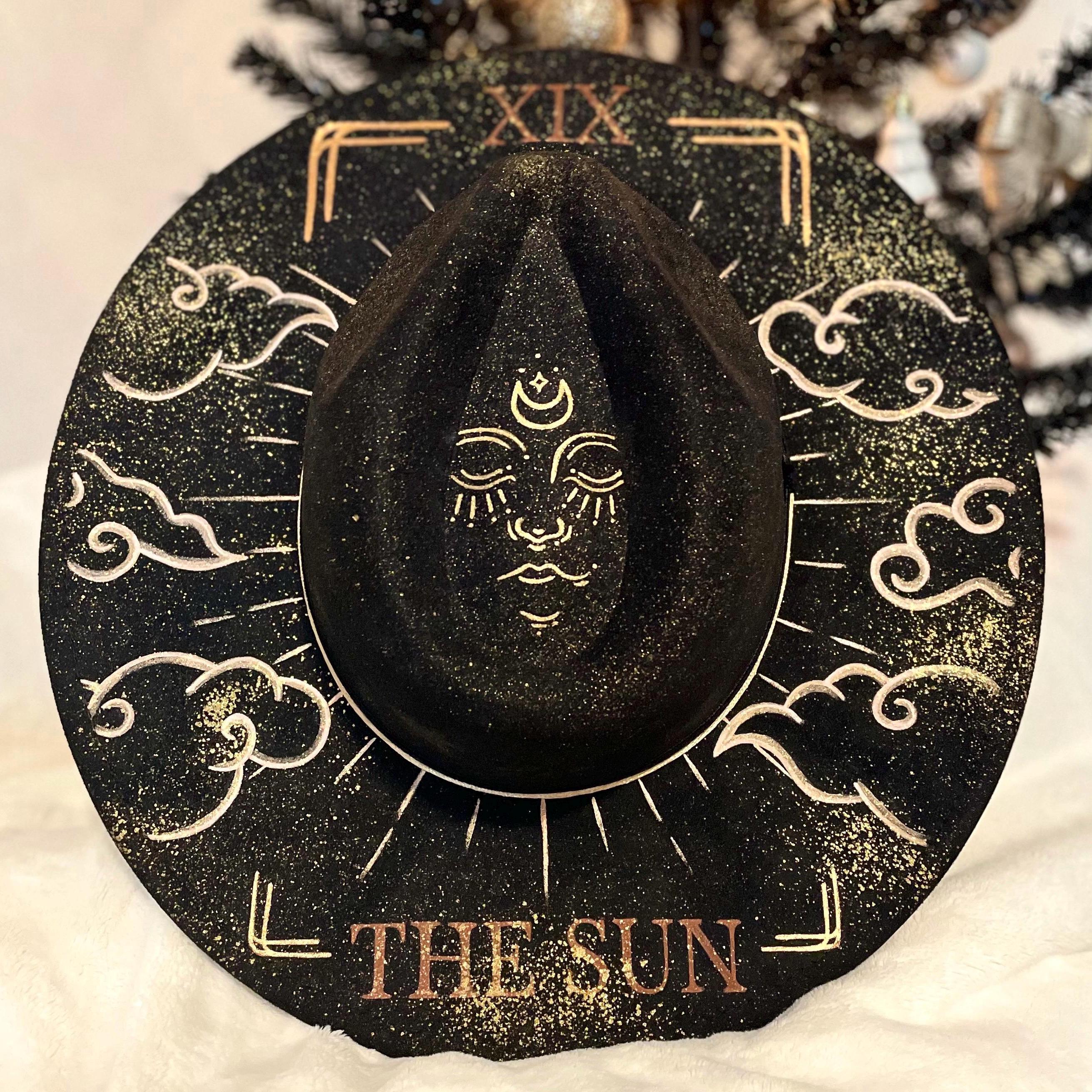 Black Hand-painted Wide-brim Fedora, Gold Sun Tarot Card Design, Witchy ...
