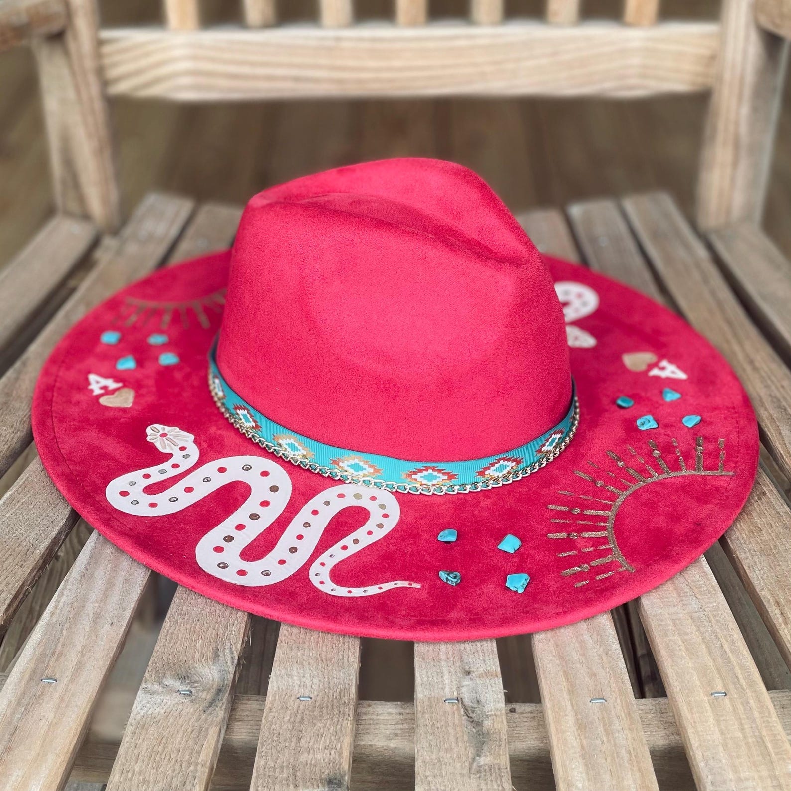 Hand-painted Red Fedora With Snakes, Suns, Ace of Hearts Poker Design ...
