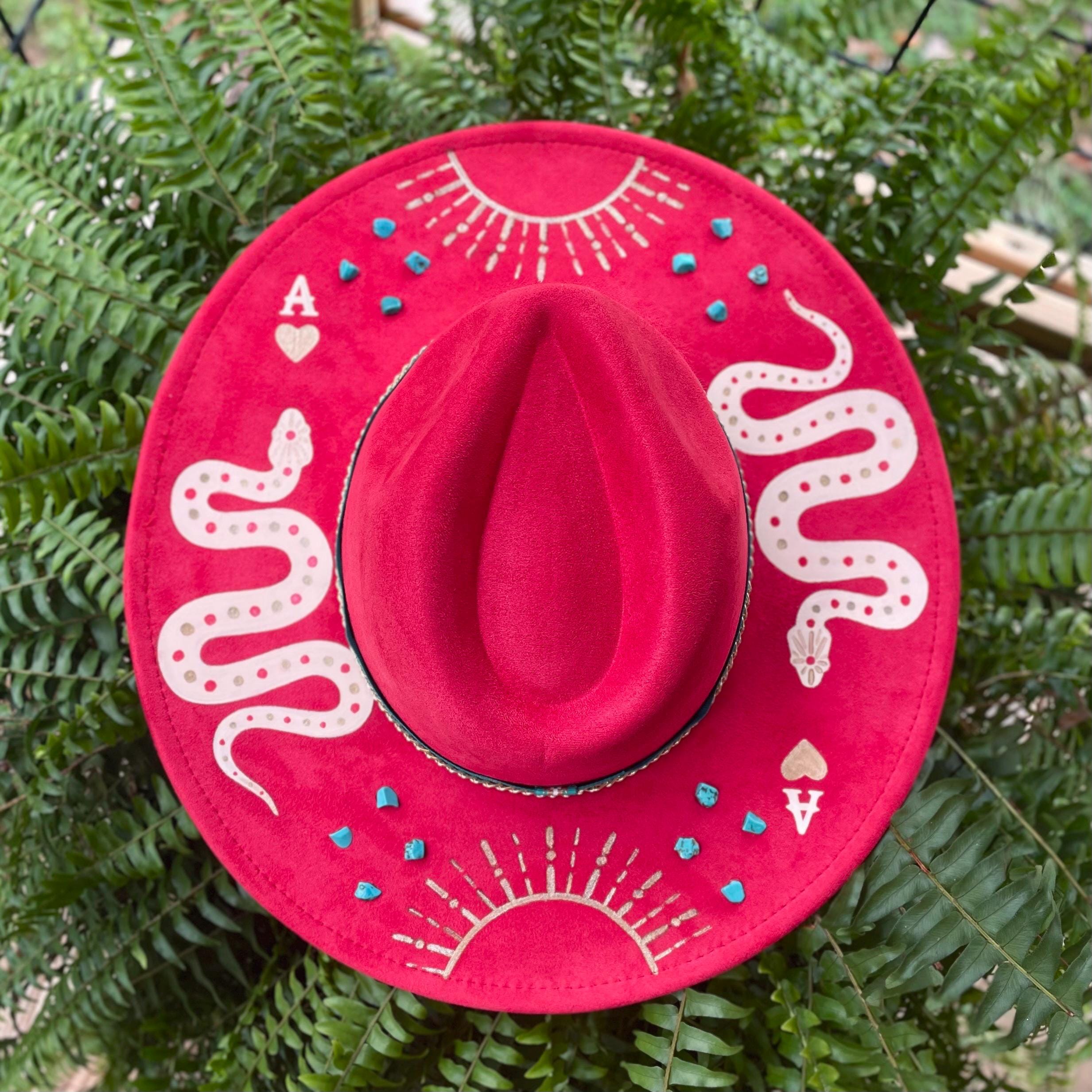 Hand-painted Red Fedora With Snakes, Suns, Ace of Hearts Poker Design ...