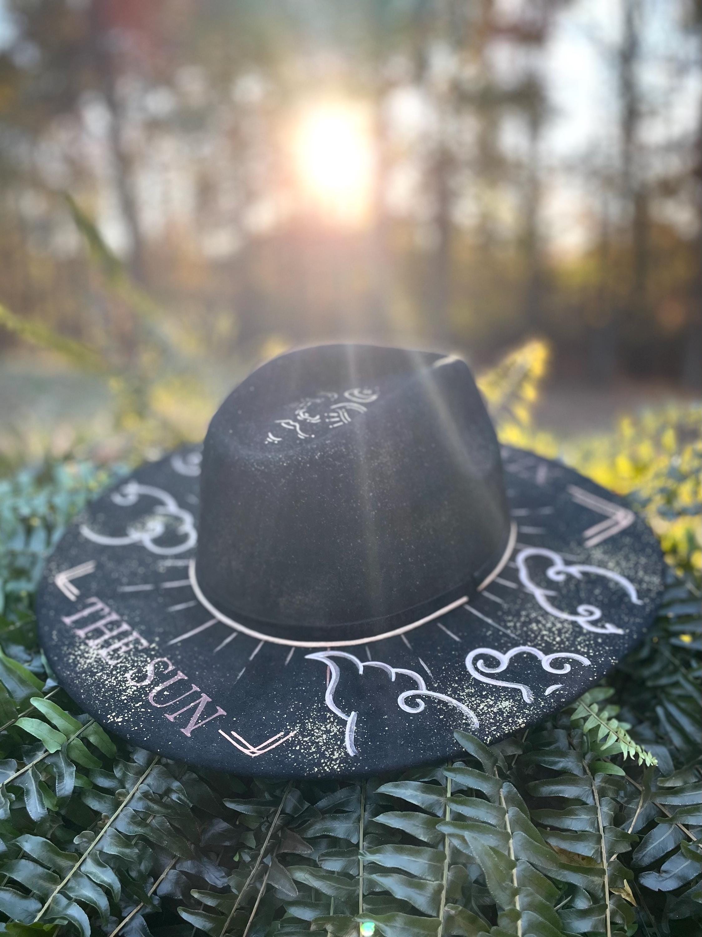 Black Hand-painted Wide-brim Fedora, Gold Sun Tarot Card Design, Witchy ...