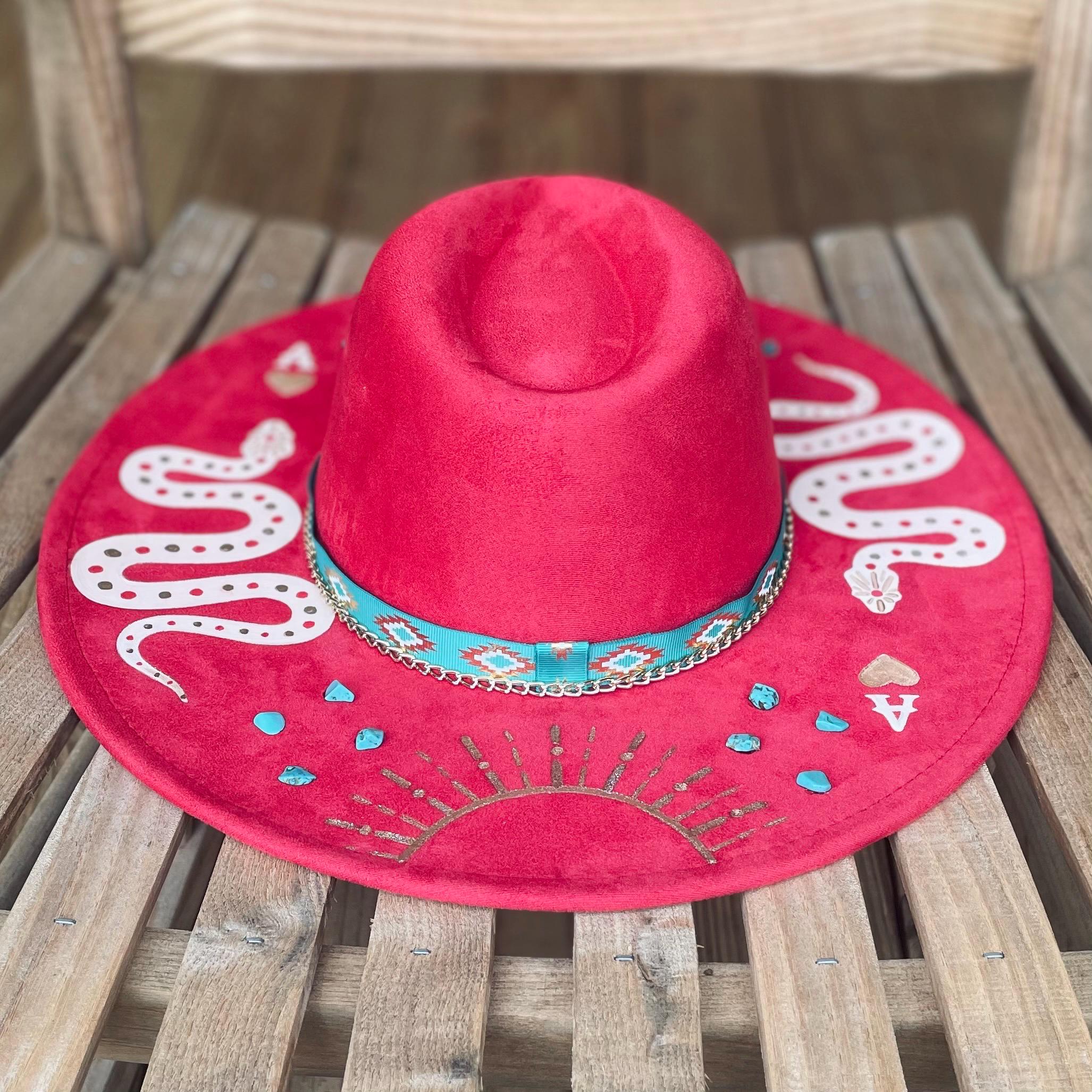 Hand-painted Red Fedora With Snakes, Suns, Ace of Hearts Poker Design ...