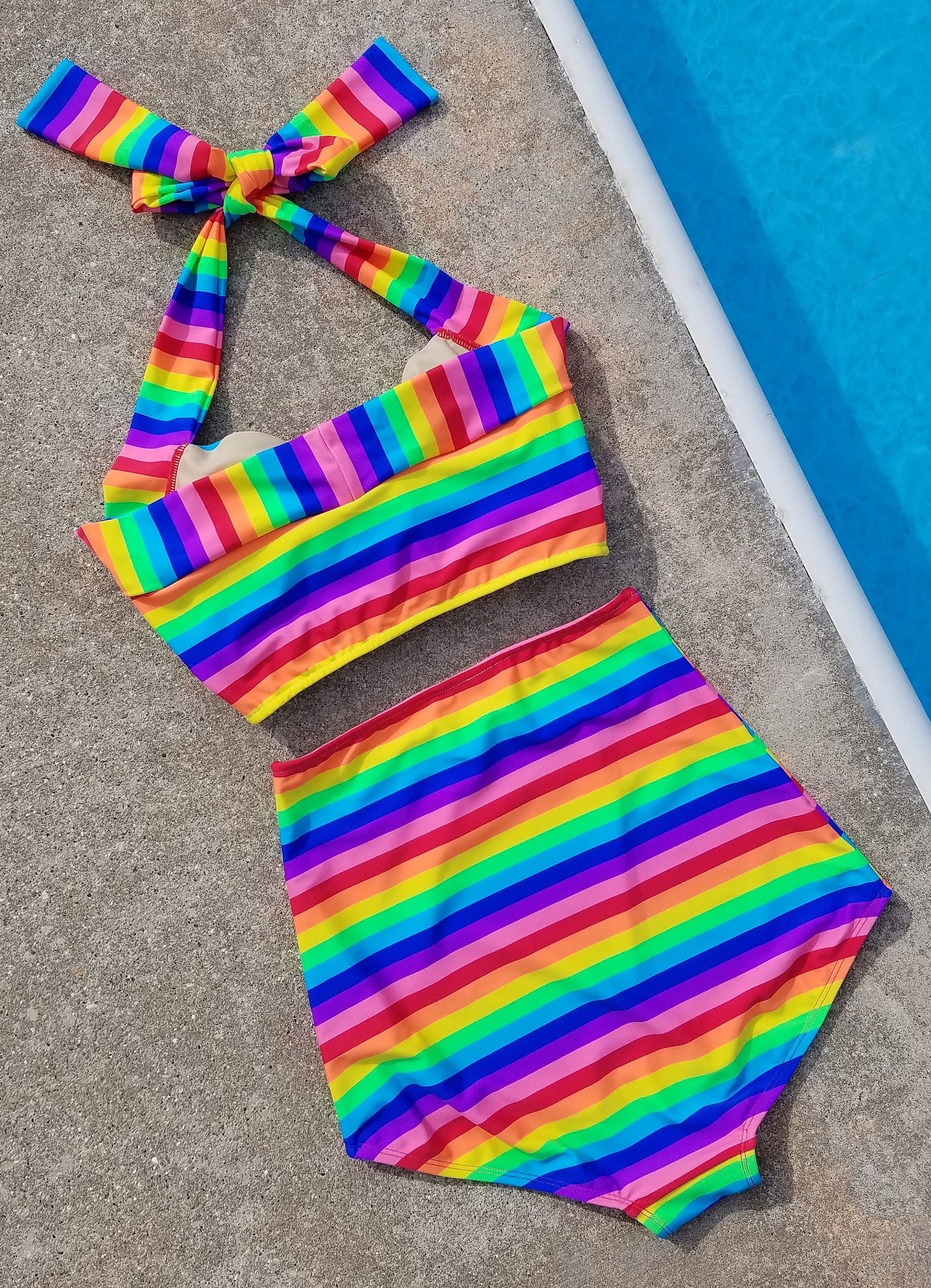 Rainbow Stripe Retro Pin up Bikini Two Piece Swimsuit Size | Etsy