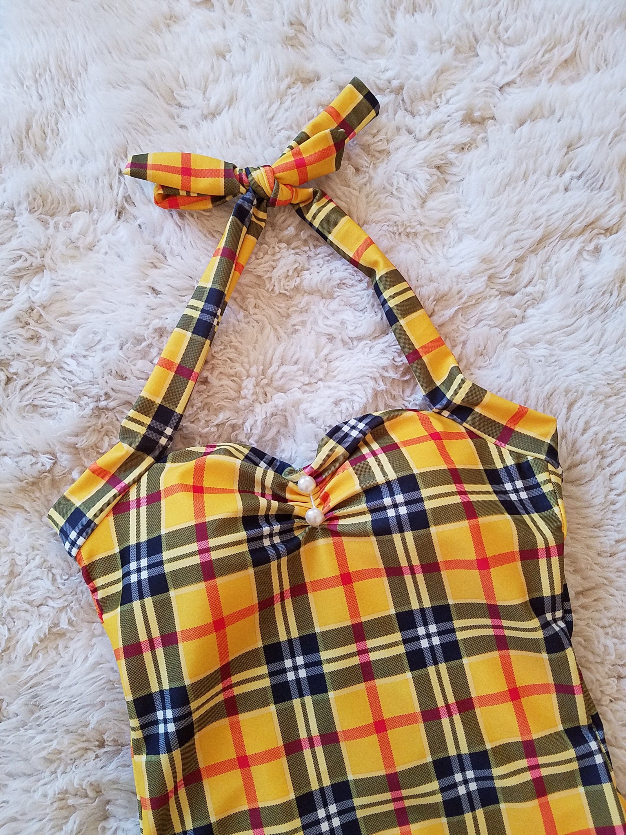Clueless Cher Inspired Yellow Plaid One Piece Swimsuit Retro Swimming ...