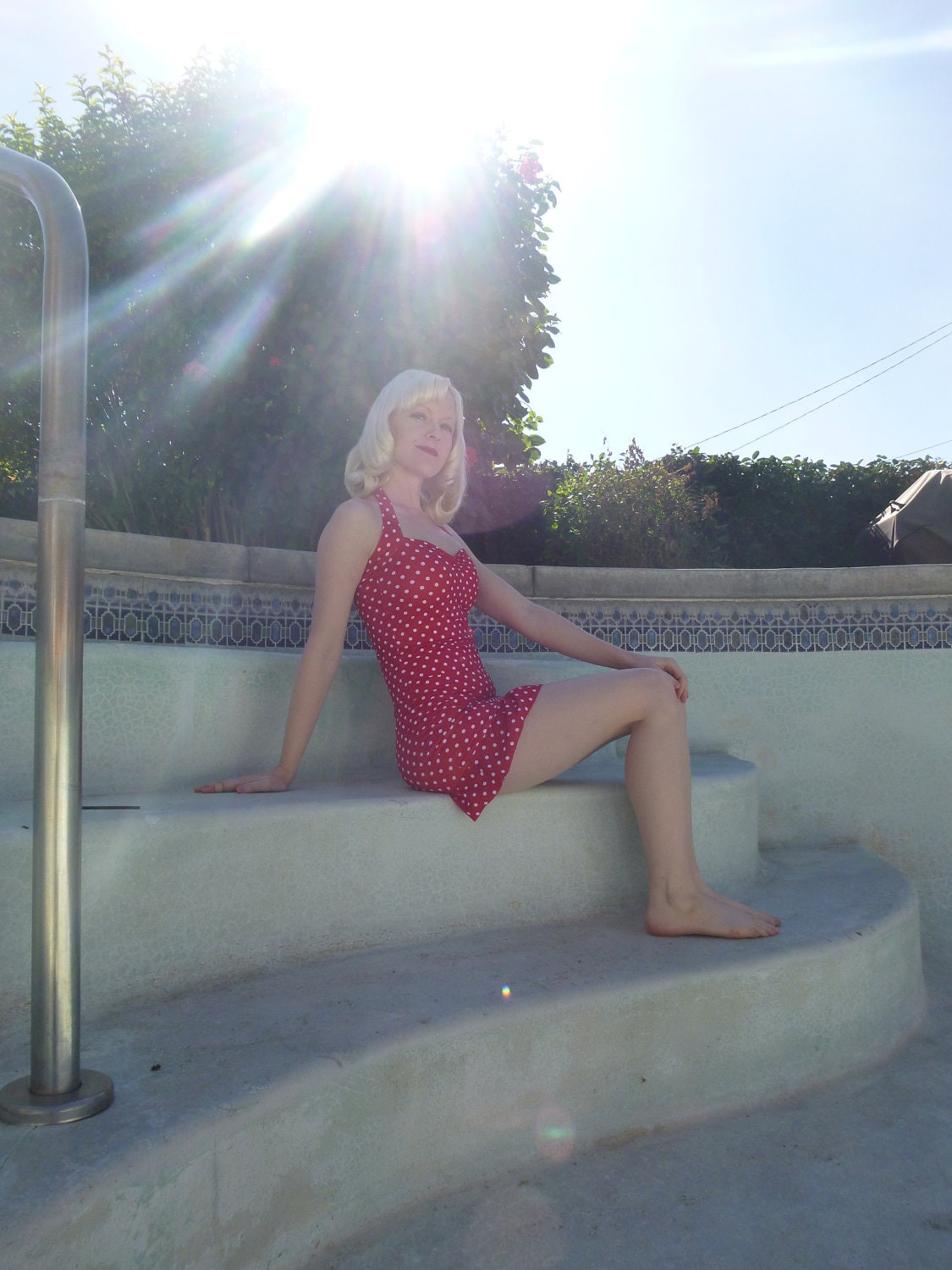 Red And White Polka Dot Ruffle Two Piece Swim Dress Retro Etsy