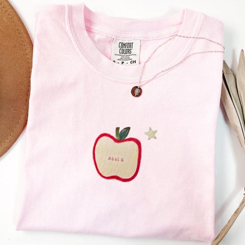 Hand-drawn Abble Apple Garment-dyed T-shirt, Cute Half Apple, Star ...