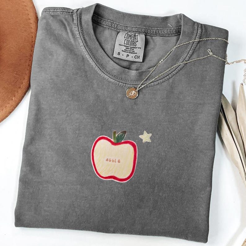 Hand-drawn Abble Apple Garment-dyed T-shirt, Cute Half Apple, Star ...