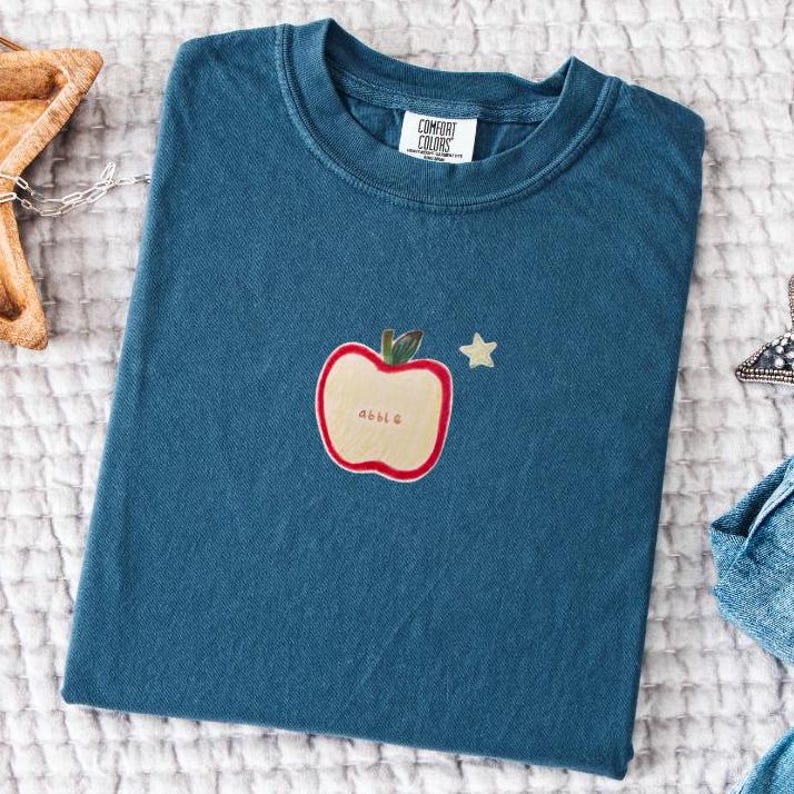 Hand-drawn Abble Apple Garment-dyed T-shirt, Cute Half Apple, Star ...