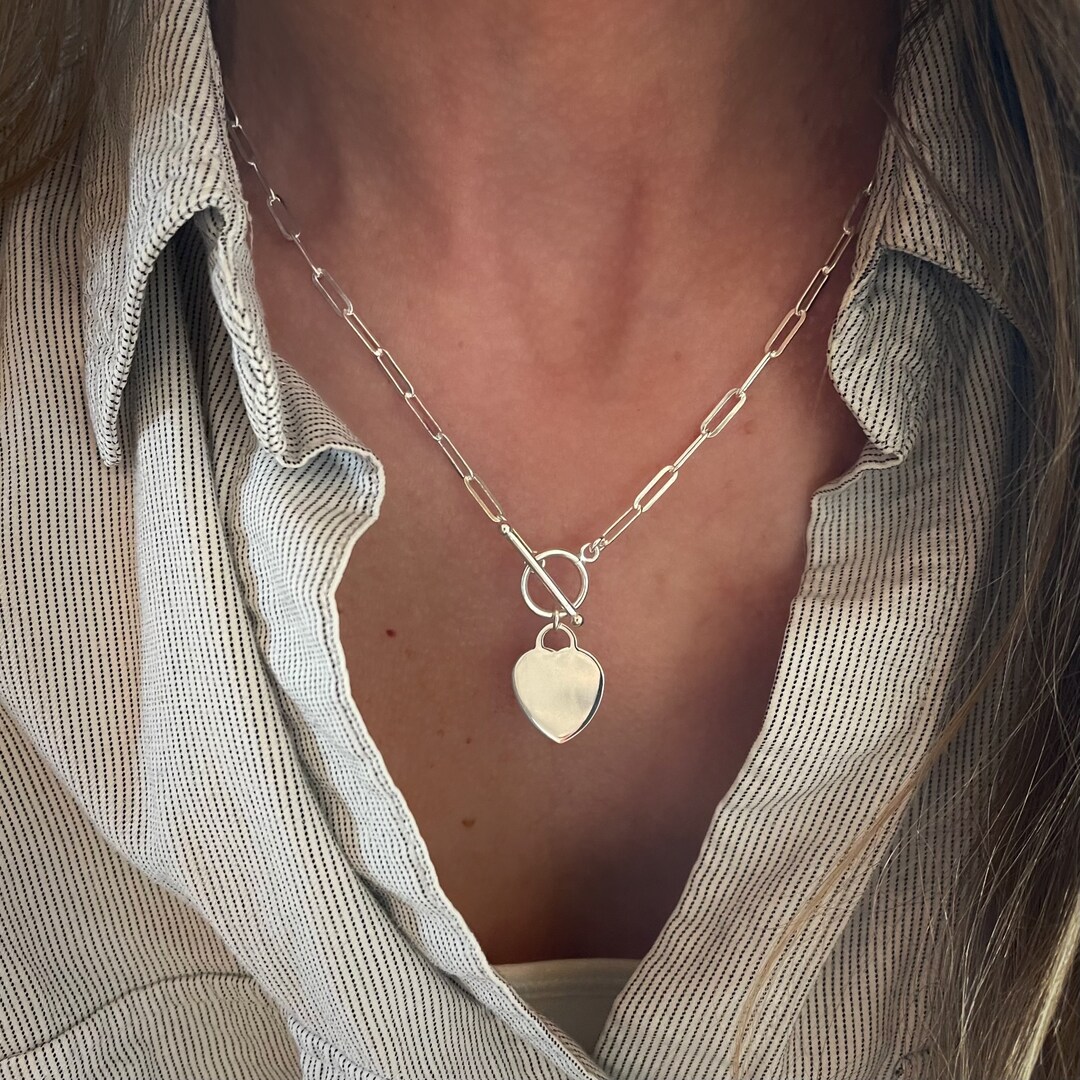 Silver Paperclip Toggle Necklace | Heart Pendant | 925 Sterling Silver ...