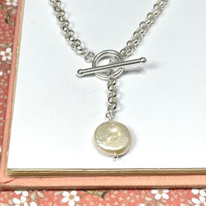 Silver Coin Pearl Toggle Y Necklace Rolo Chain 3.5mm Solid 925 Silver ...
