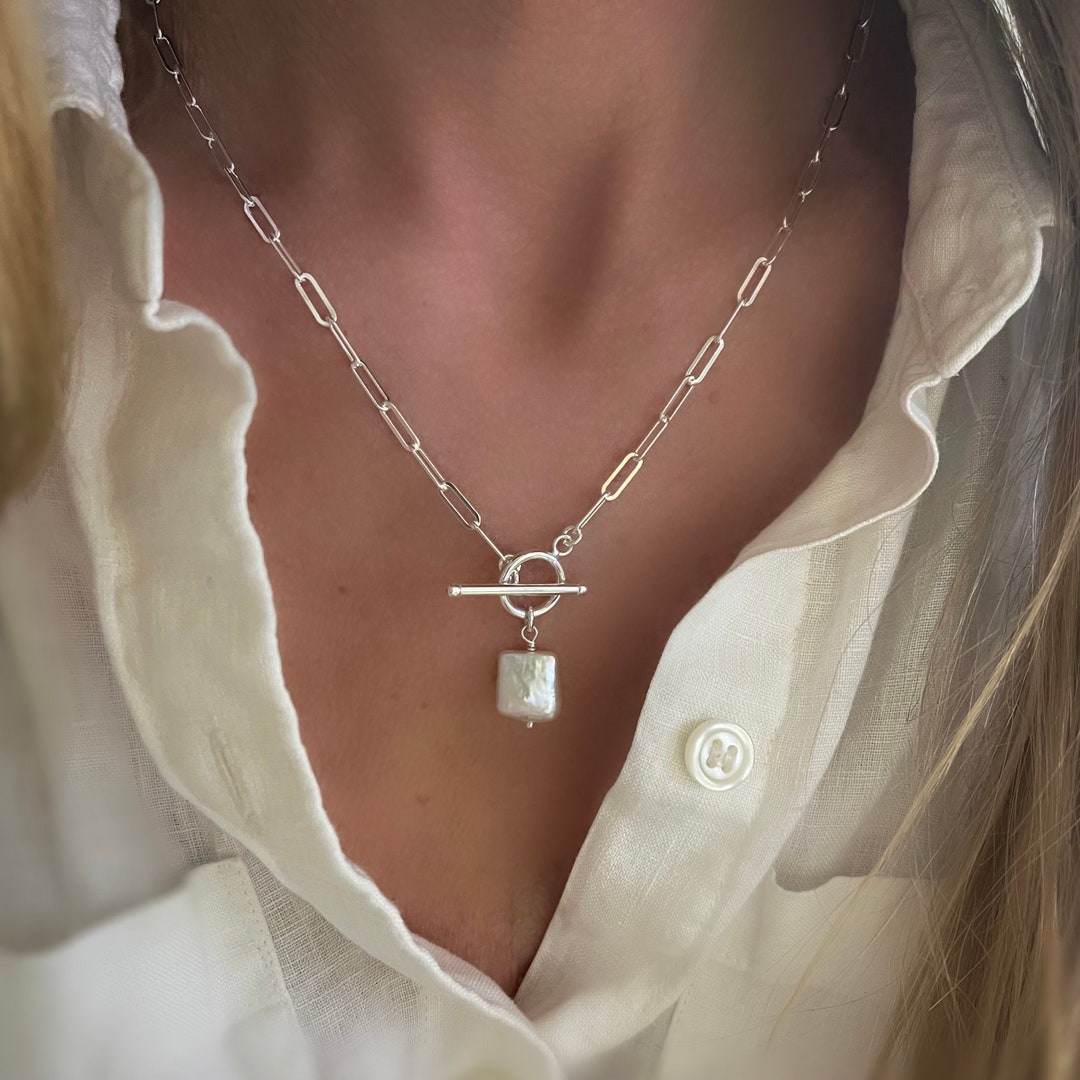 Silver Flat Paperclip Pearl Toggle Necklace Square Pearl 925 Sterling ...