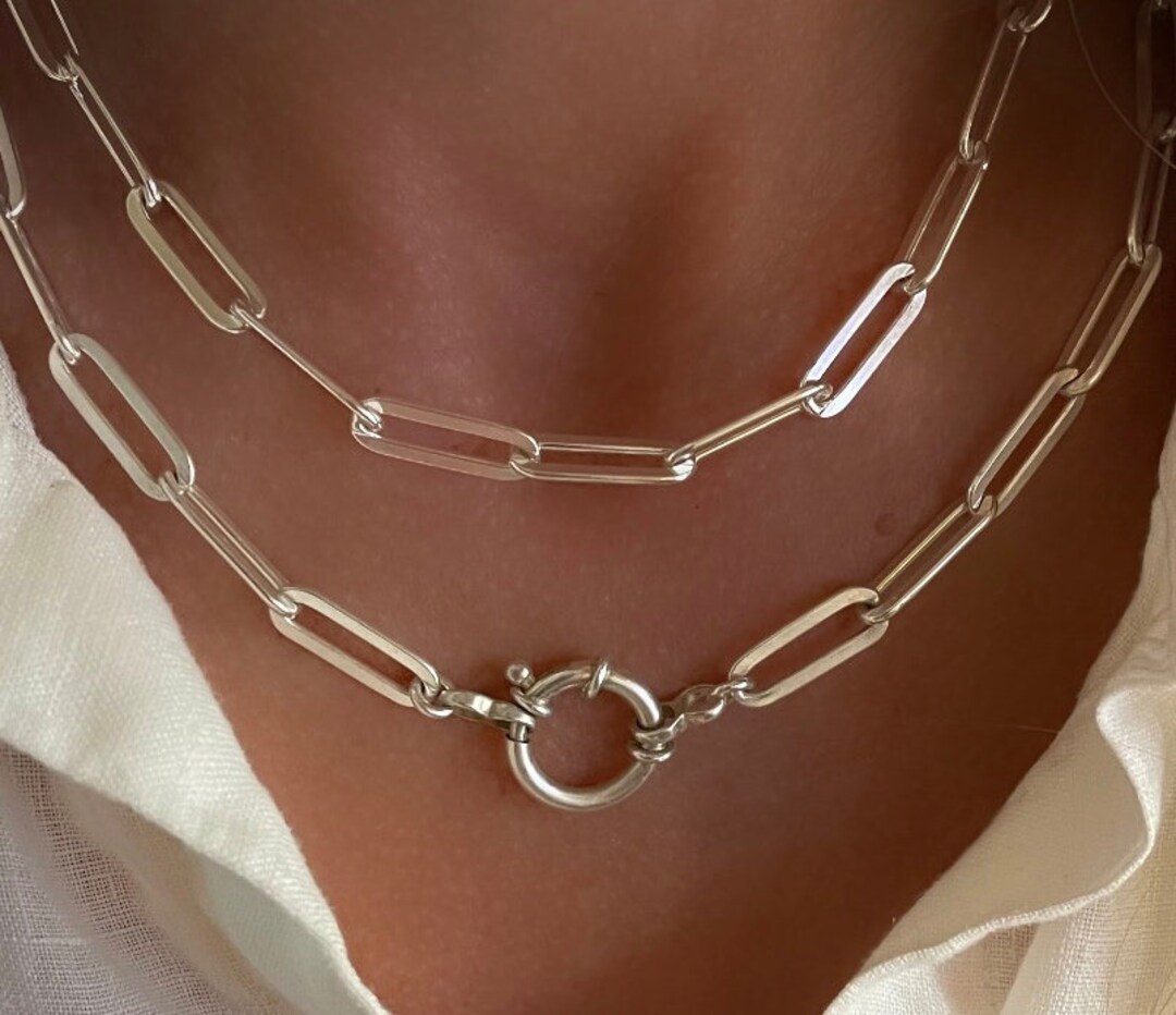 925 Silver Flat Paperclip Necklace Large Link Mariner Charm Collector ...