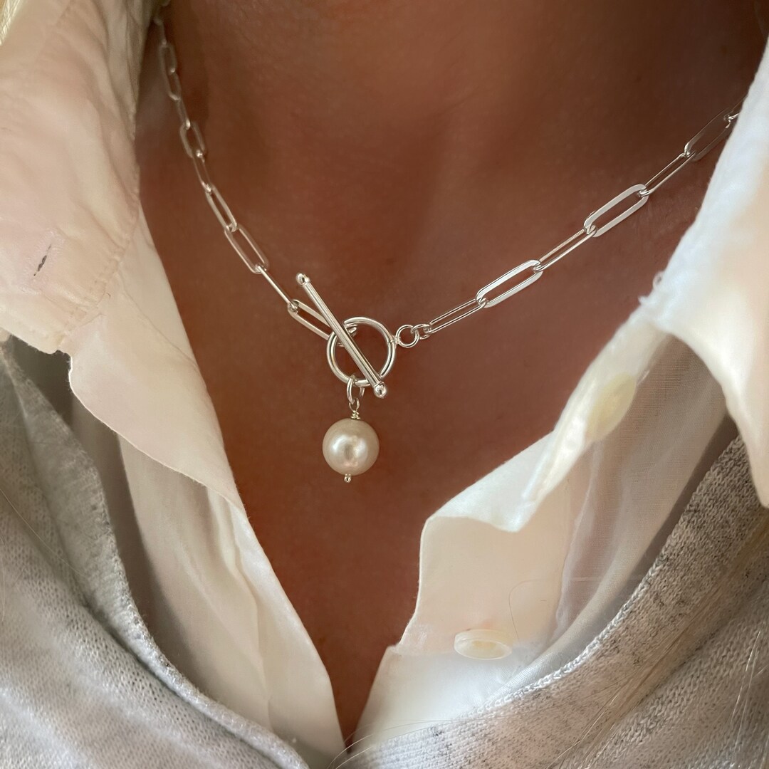 Silver Paperclip Pearl Toggle Necklace Single Pearl 4x11.5mm Links 925 ...