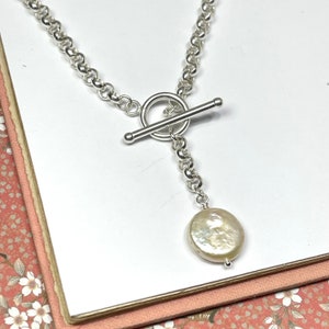 Silver Coin Pearl Toggle Y Necklace Rolo Chain 3.5mm Solid 925 Silver ...