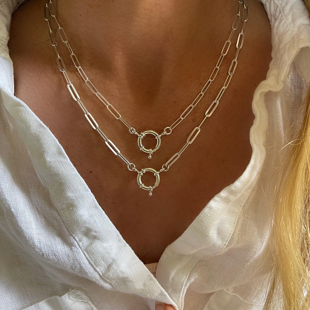 Silver Flat Paperclip Anchor Clasp Necklace Charm Collector 925 ...